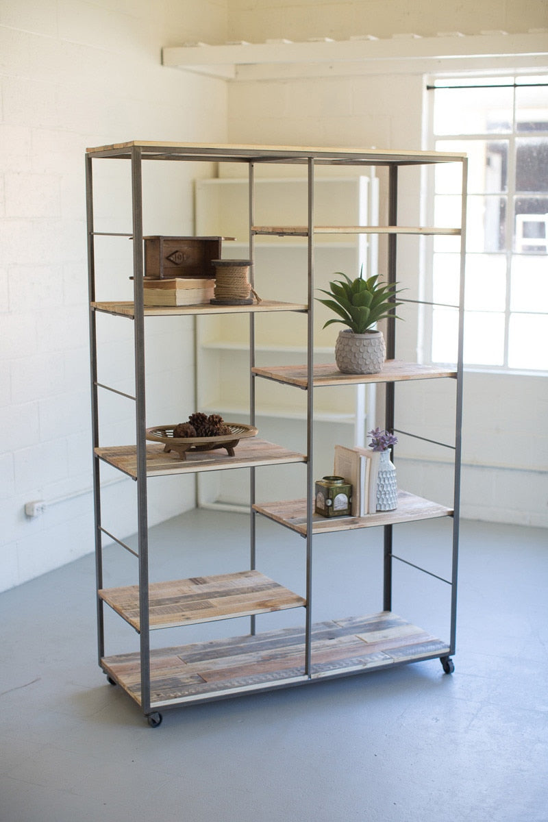 Recycled Wood & Metal Adjustable Shelving Unit with Caster Wheels ...